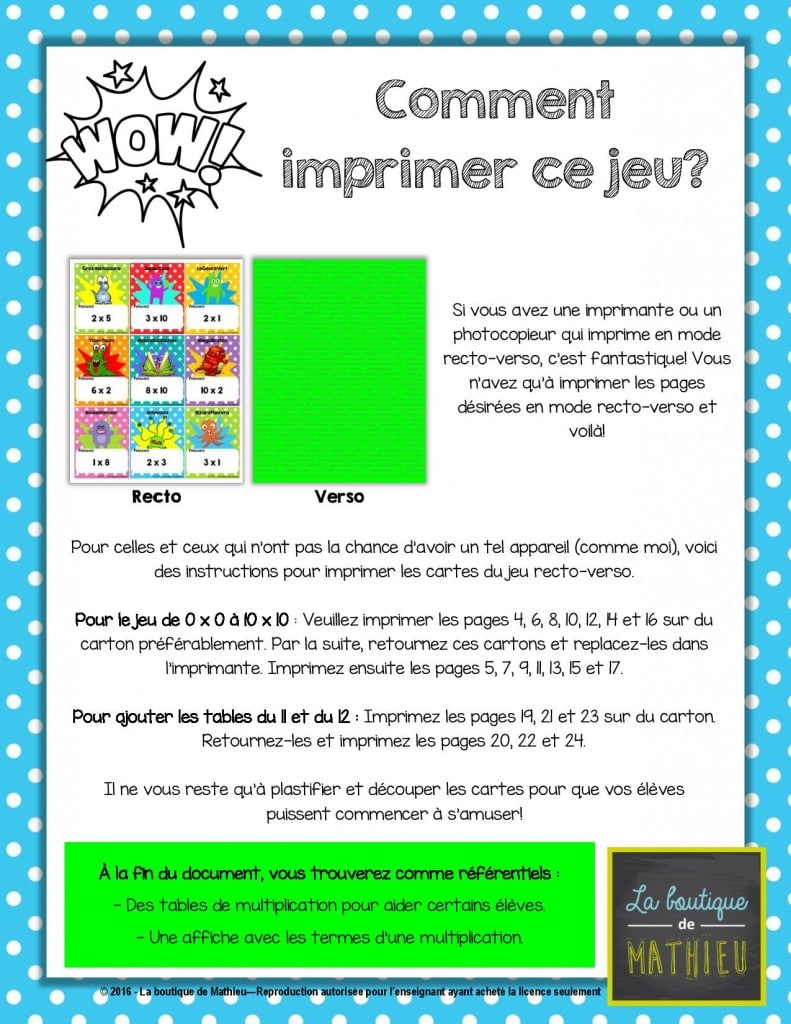 Le jeu de bataille des monstres – Multiplications – Jeu de cartes