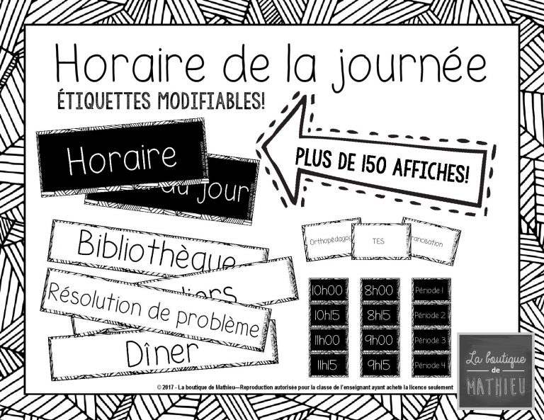 Affiches pour l’horaire de la journée (primaire) – La boutique de ...