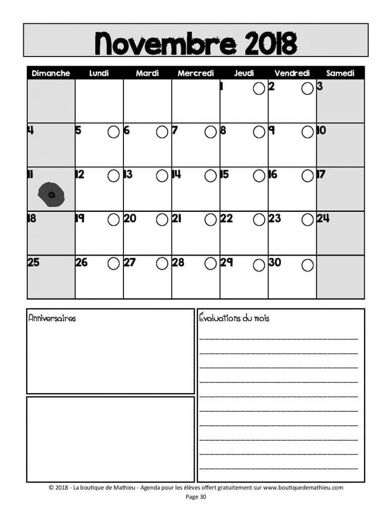 Agenda gratuit pour les élèves du primaire (2018-2019)