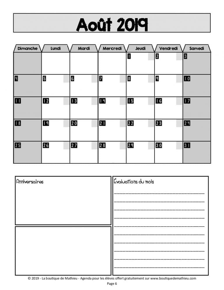 Agenda gratuit pour les élèves du primaire (2019-2020)