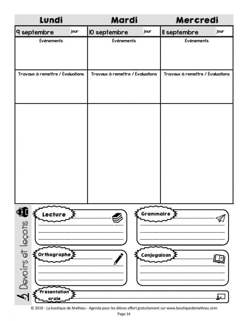 Agenda gratuit pour les élèves du primaire (2019-2020)