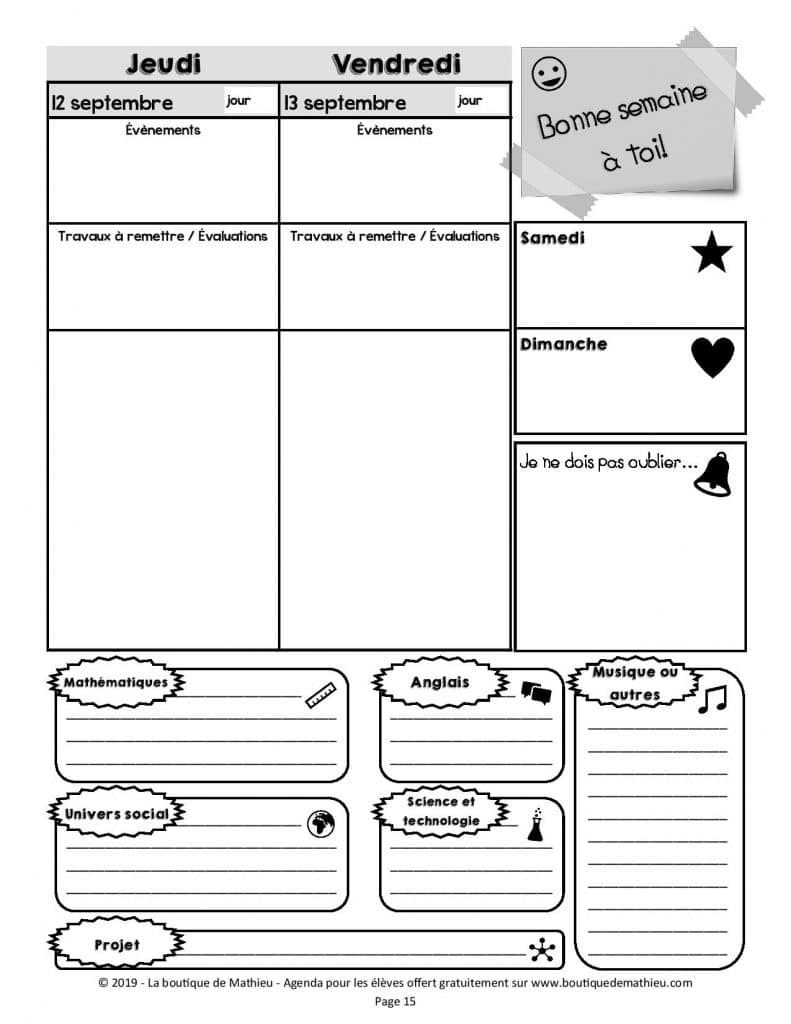Agenda gratuit pour les élèves du primaire (2019-2020)