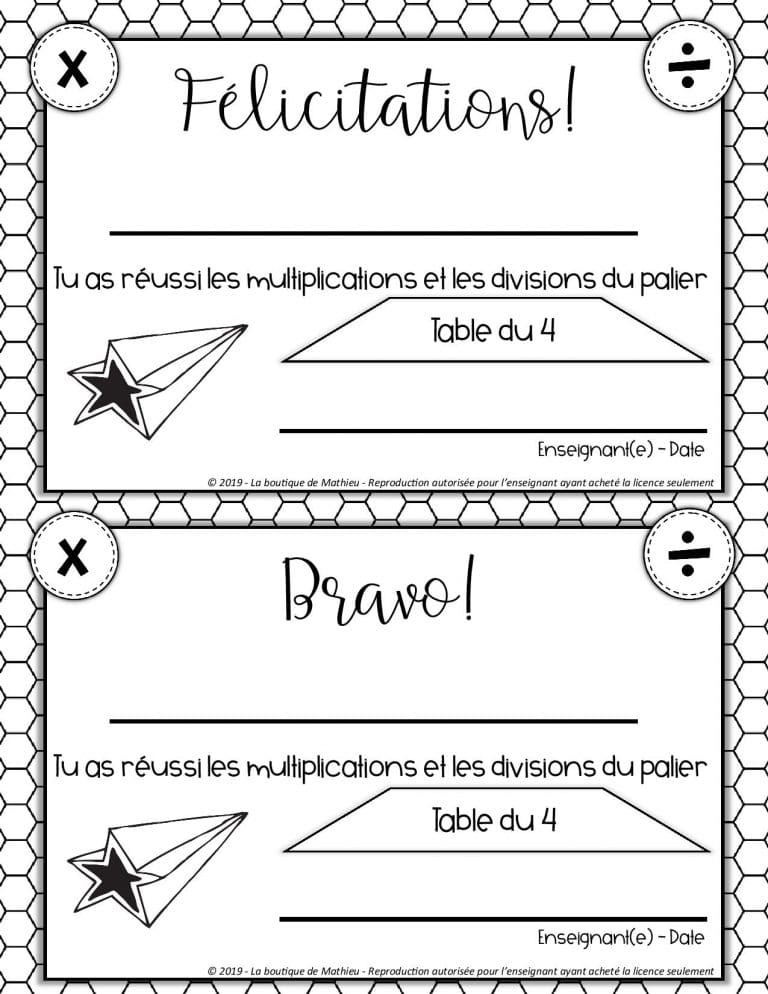 Des diplômes de réussite pour chaque palier des tables de ...