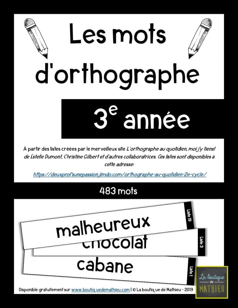 Étiquettes des mots d’orthographe de 3e année – La boutique de Mathieu ...