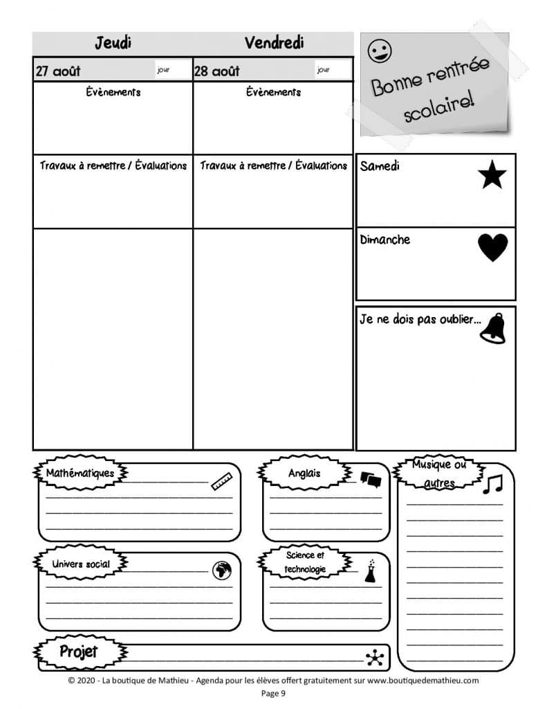 Agenda gratuit pour les élèves du primaire (2020-2021)