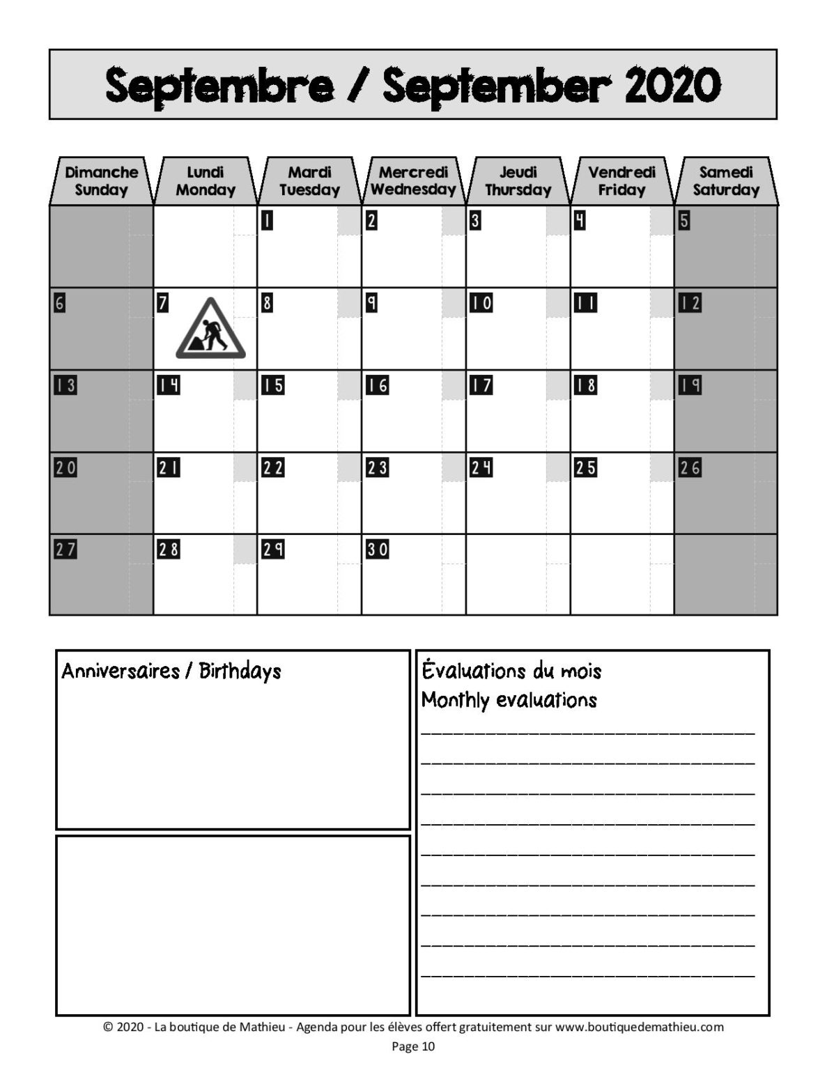 (Bilingue) Agenda gratuit pour les élèves du primaire (2020-2021)