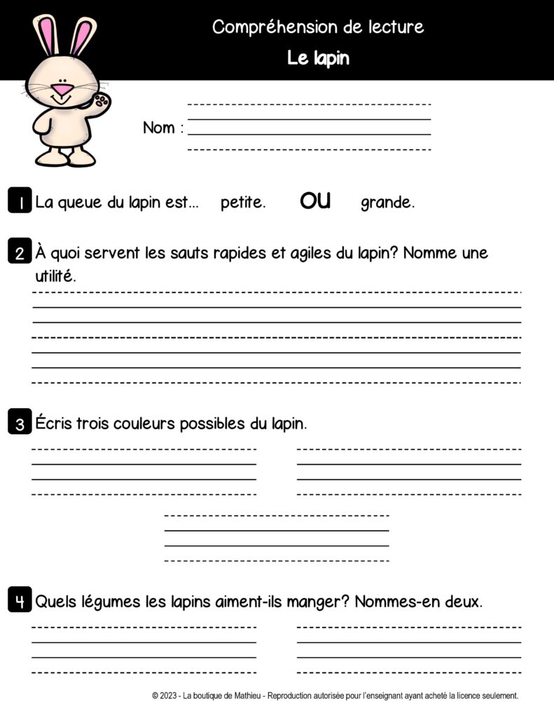 Compréhension de lecture – Le lapin – 1re année